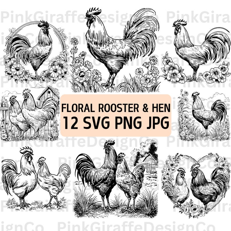 Floral Rooster and Hen SVG Bundle, Chicken PNG, Rooster Illustration ...