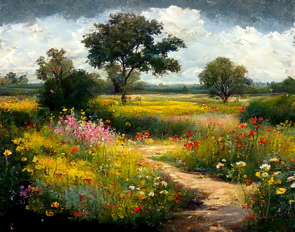 Wildflower Landscape Countryside Oil Painting - Digital Art Print ...