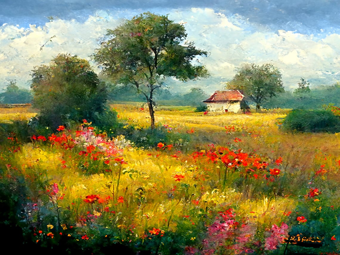 Wildflower Landscape Countryside Oil Painting Digital Art Print ...