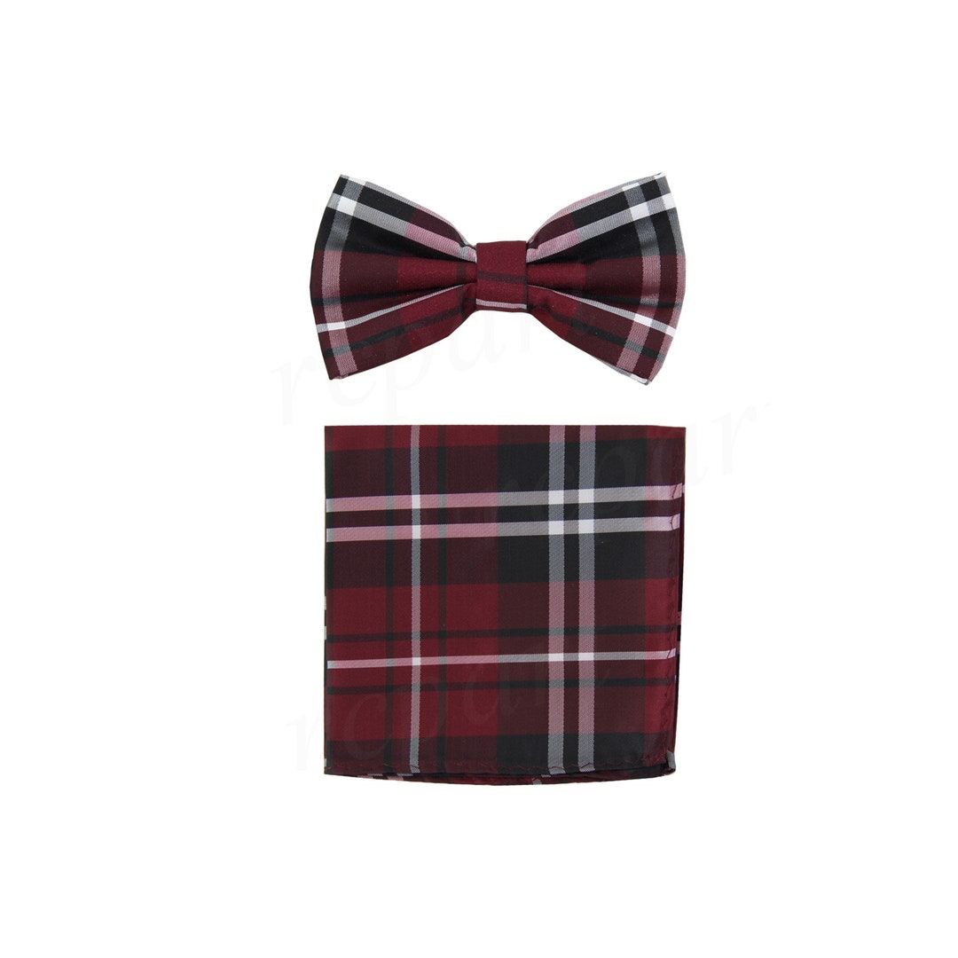 New Men's Bowtie and Hankie Set Polyester Plaid and Checker Burgundy ...