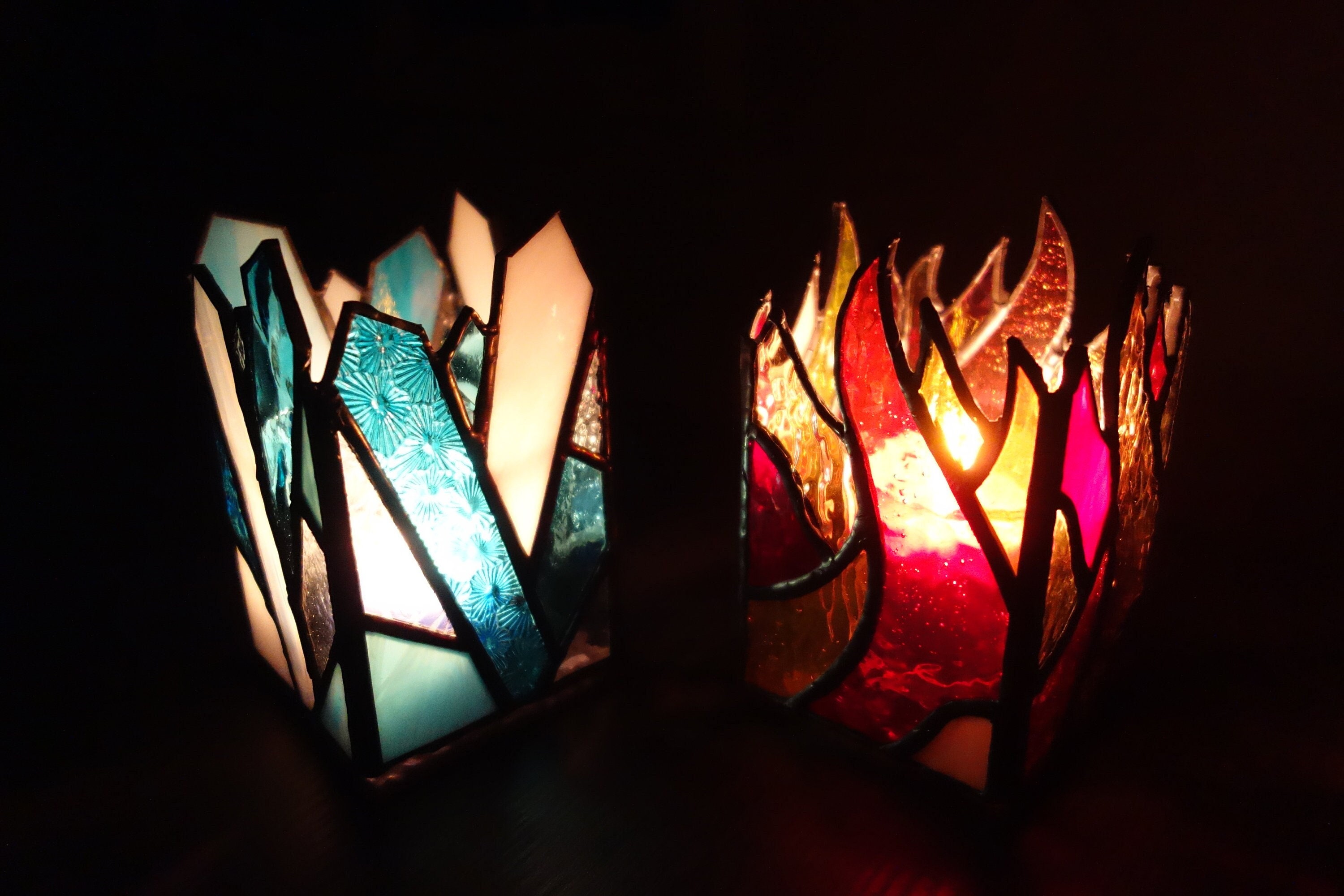 TWO PATTERNS - Fire Flame and Frozen Ice Stained Glass Candle Holders ...