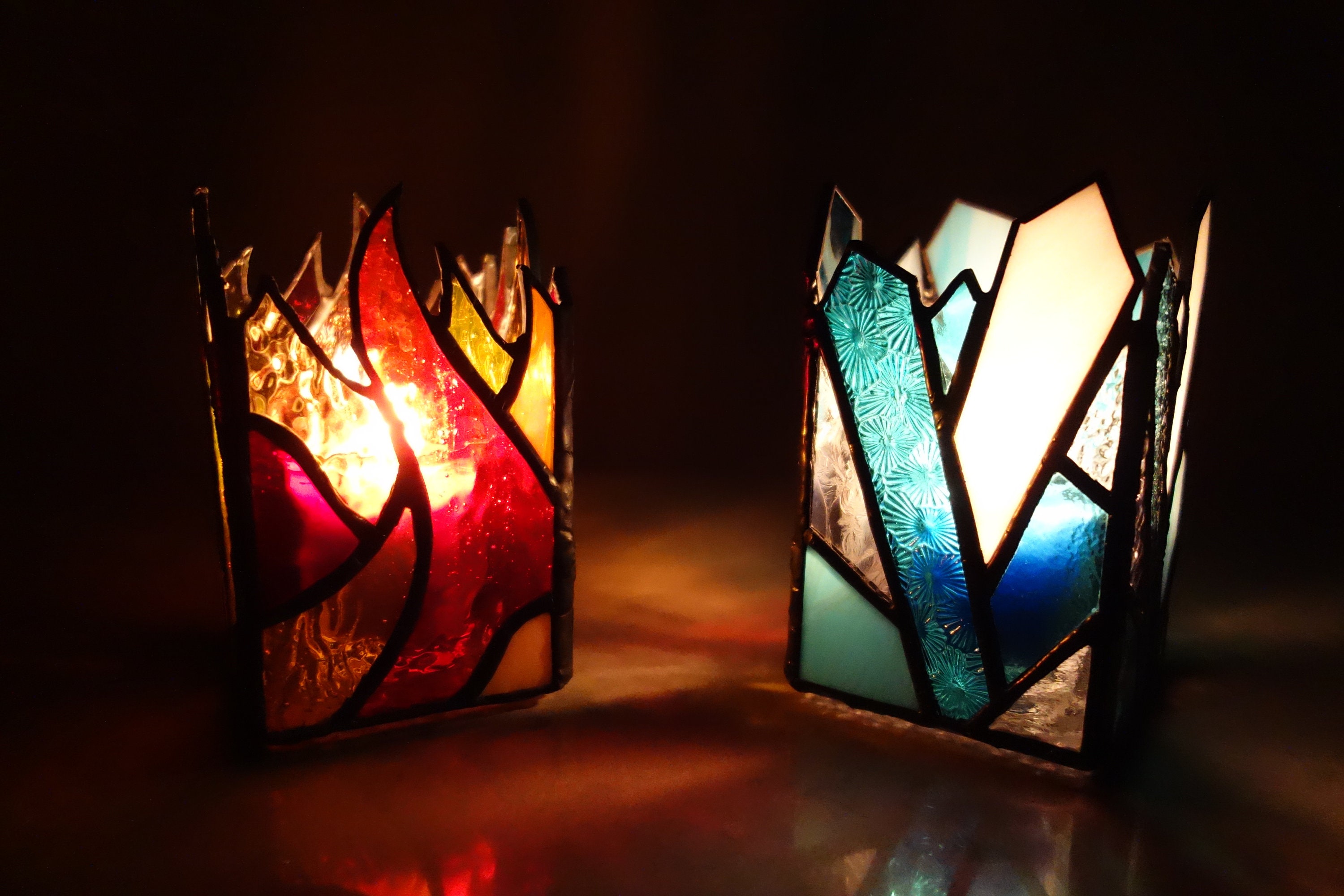 TWO PATTERNS - Fire Flame and Frozen Ice Stained Glass Candle Holders ...