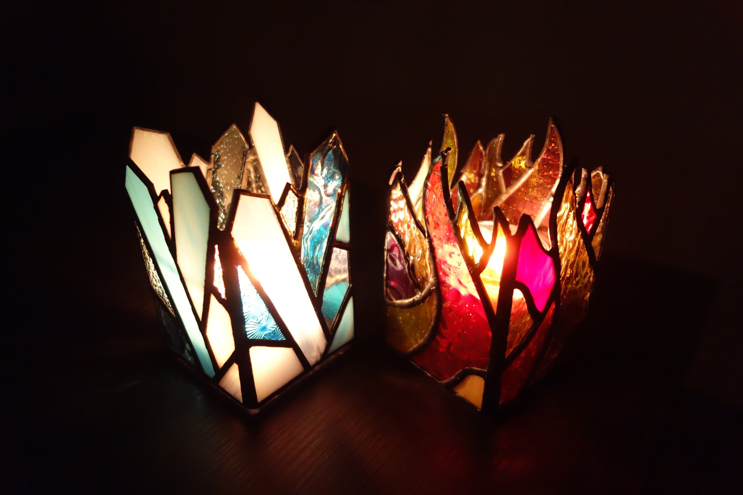 TWO PATTERNS - Fire Flame and Frozen Ice Stained Glass Candle Holders ...