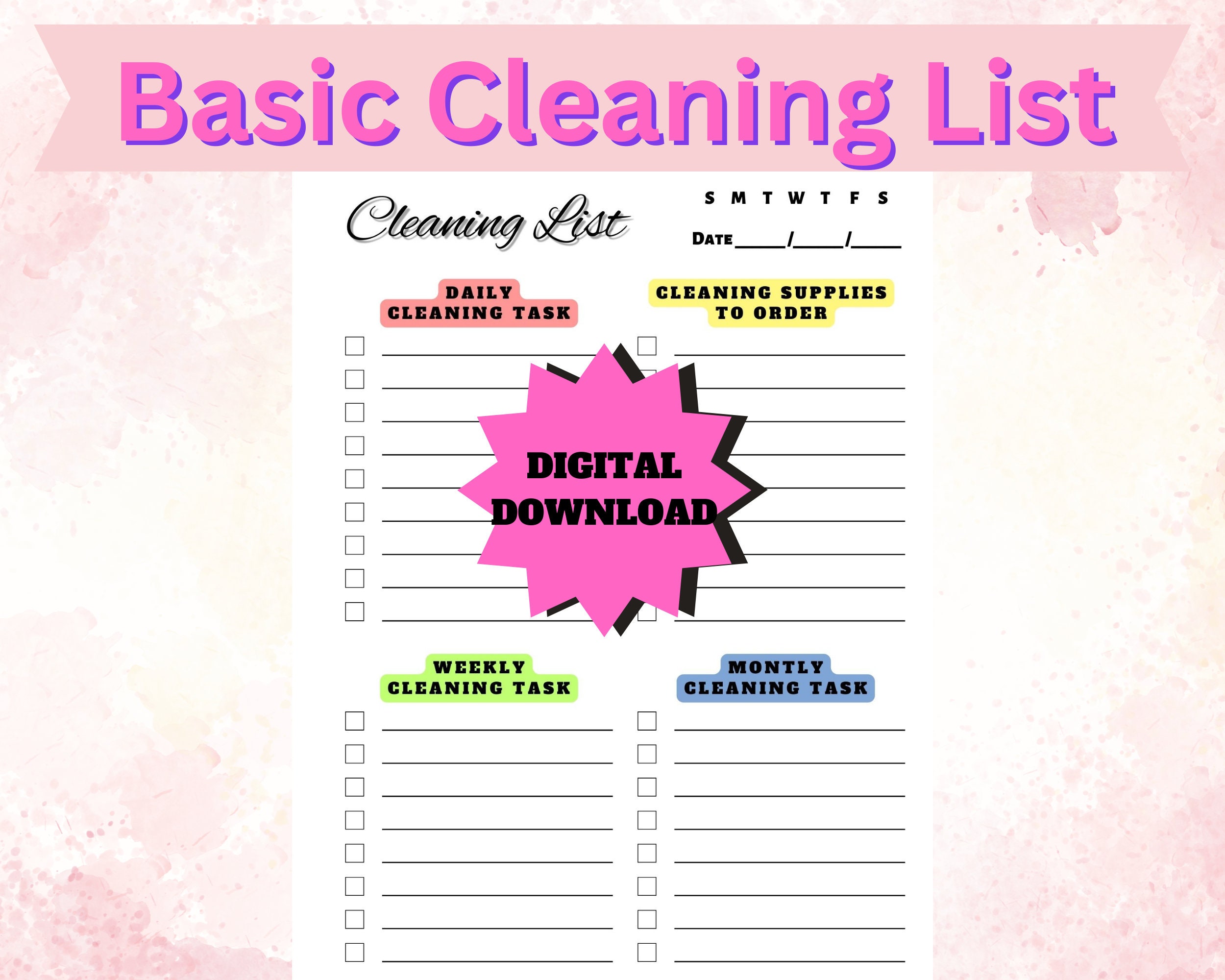 Basic Cleaning List Daily Weekly Monthly Cleaning Checklist Fillable 