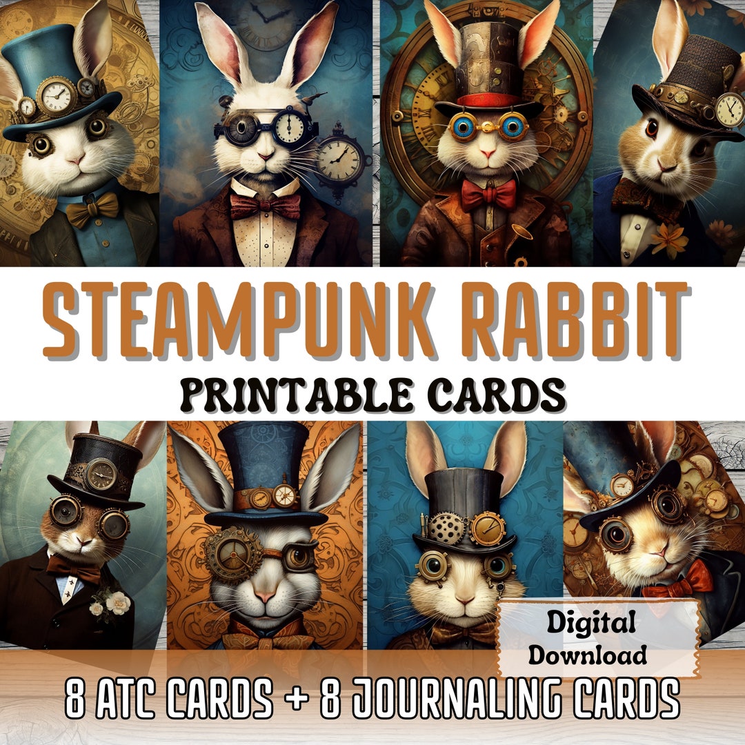 Steampunk Rabbit Printable Junk Journal Cards ATC Card Making Rabbit ...