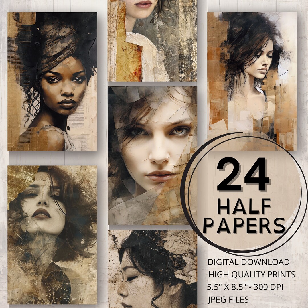 Woman Portrait Journal Half Papers Printable Page Artistic Collage Card ...