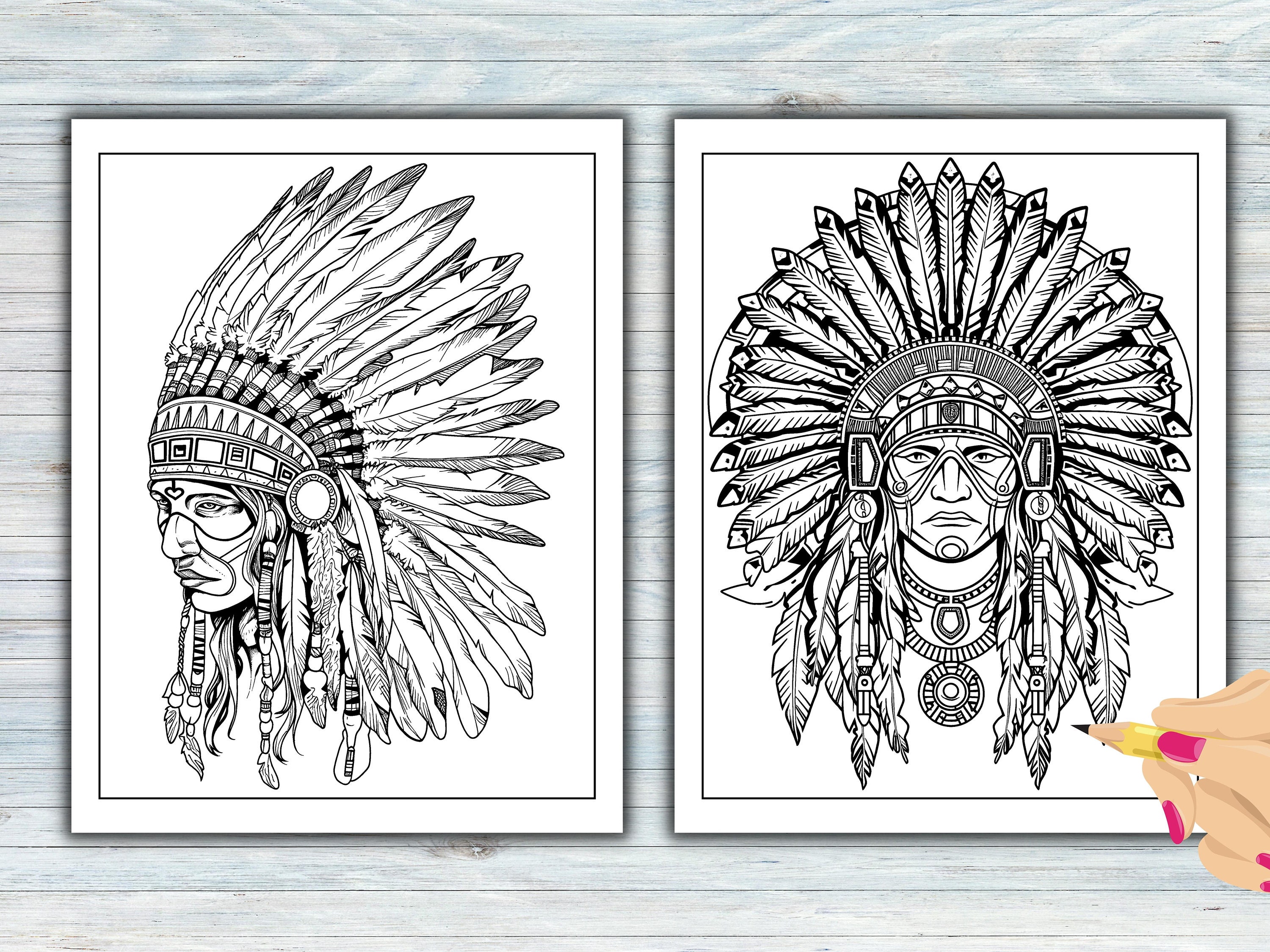 Native American Indians Warrior Chief Coloring Pages, 5 Printable ...