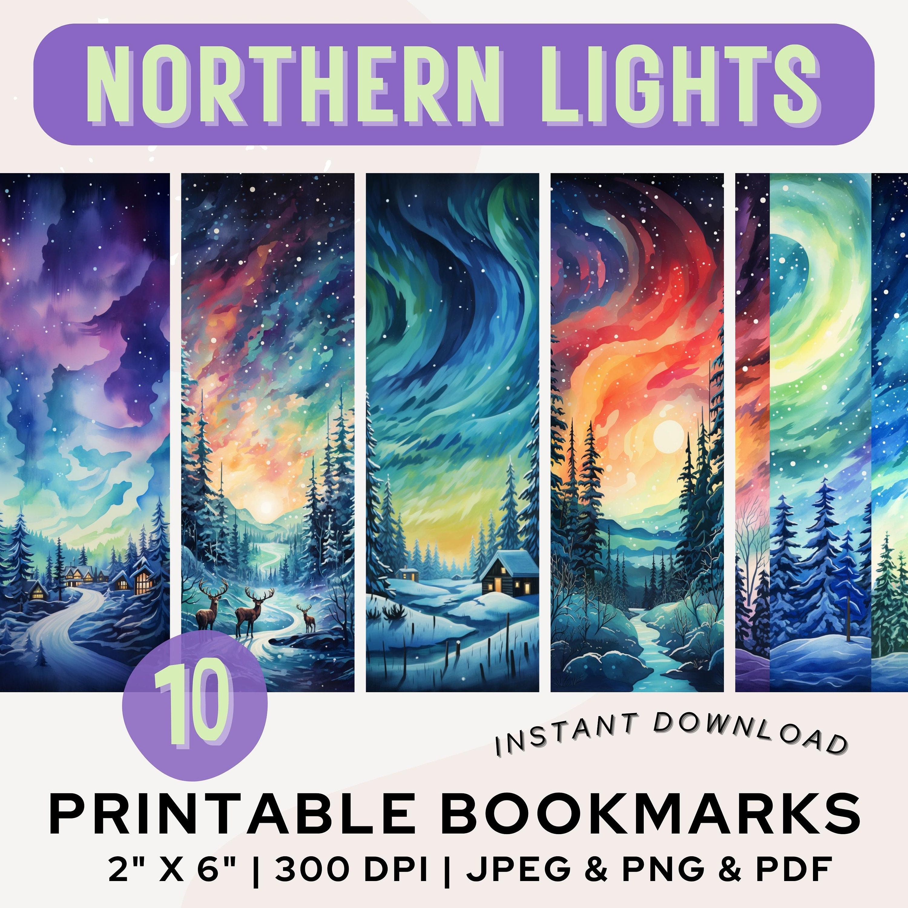 Northern Lights Printable Bookmarks Aurora Borealis Watercolor - Etsy