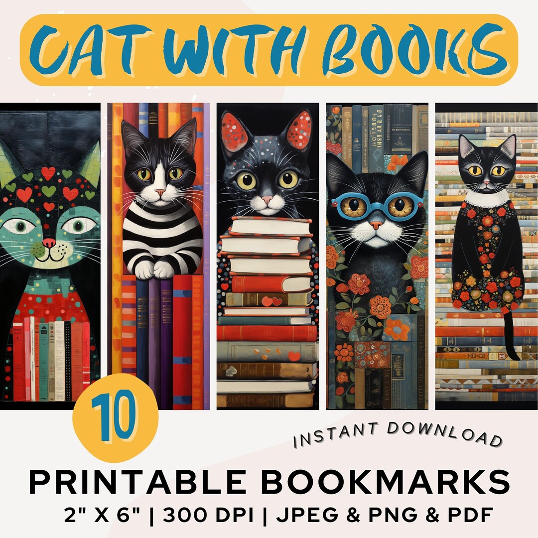 Cat With Books Bookmark Printable Bookmarks Funny Cat Bookmark Book ...