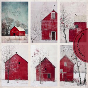 Winter Red House Red Barn Journal Half Papers Printable Page Winter Painting Ephemera ...