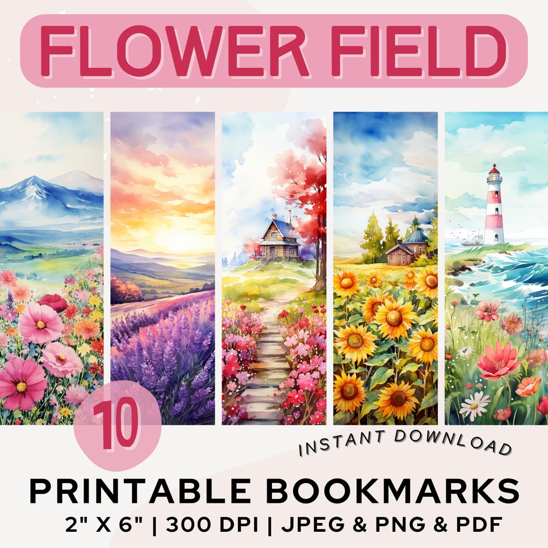 Flower Field Bookmark Printable Bookmarks Watercolor Landscape Bookmark ...