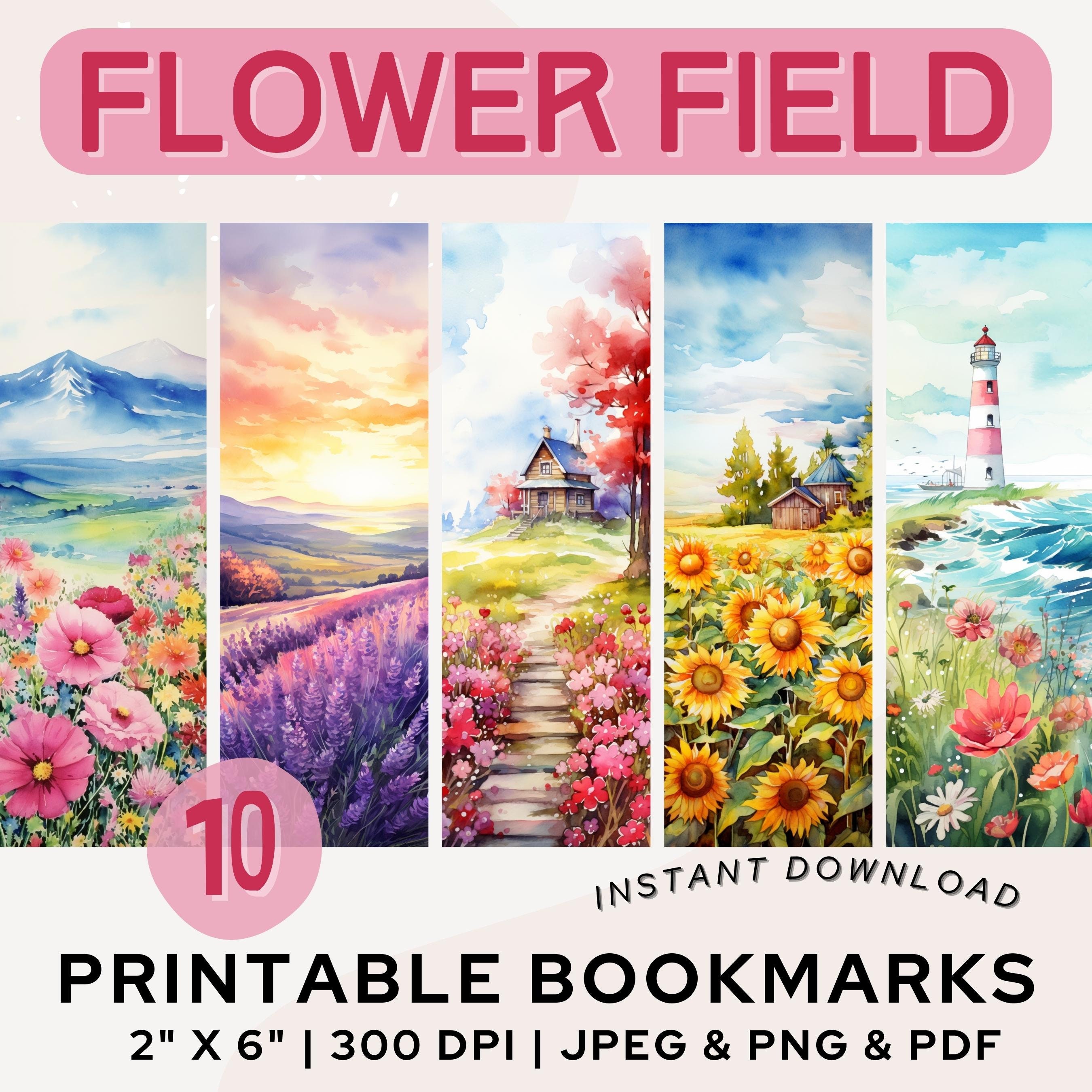 Flower Field Bookmark Printable Bookmarks Watercolor Landscape Bookmark ...