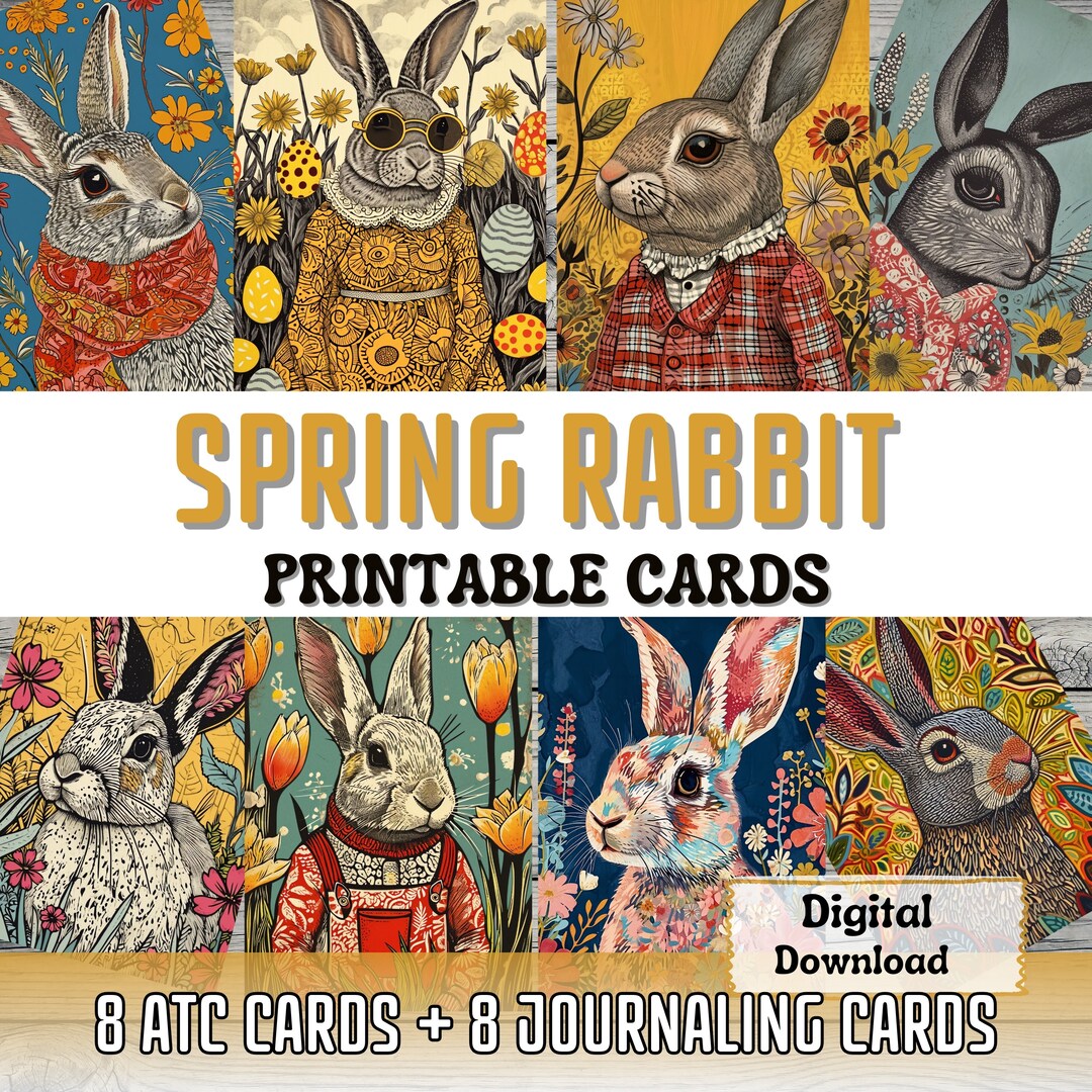 Spring Rabbit Printable Junk Journal Cards ATC Card Making Rabbit ...