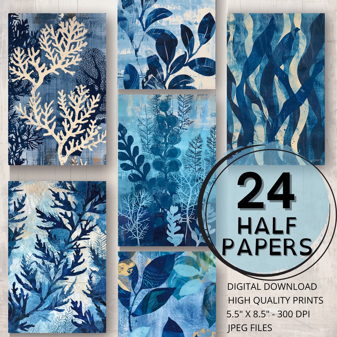 Dusty Blue Seaweed Journal Half Papers Sea Printable Pages Digital ...