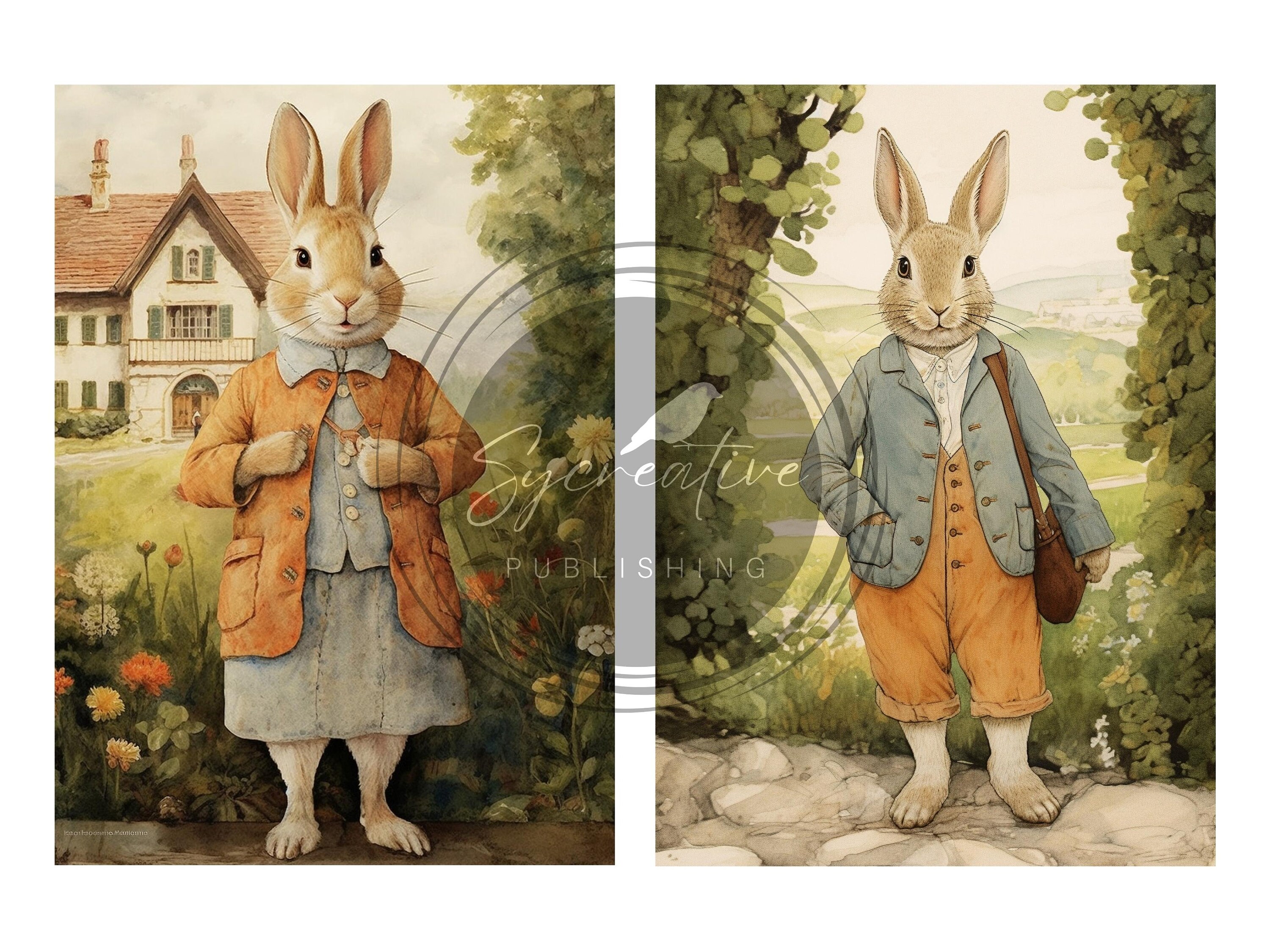 Village Rabbits Printable Digital Image Junk Journal ATC Cards, Bunny ...