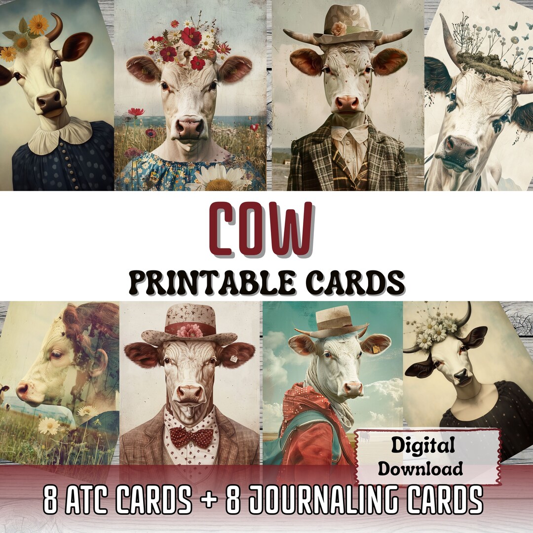 Cow Printable Junk Journal Cards ATC Card Making Surreal Art Cow ...