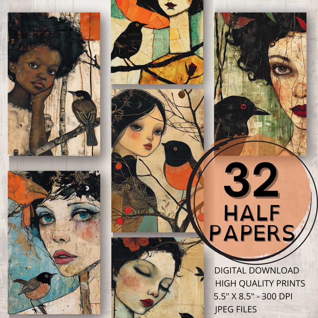 Girl & Bird Journal Half Papers Printable Pages Digital Ephemera ...