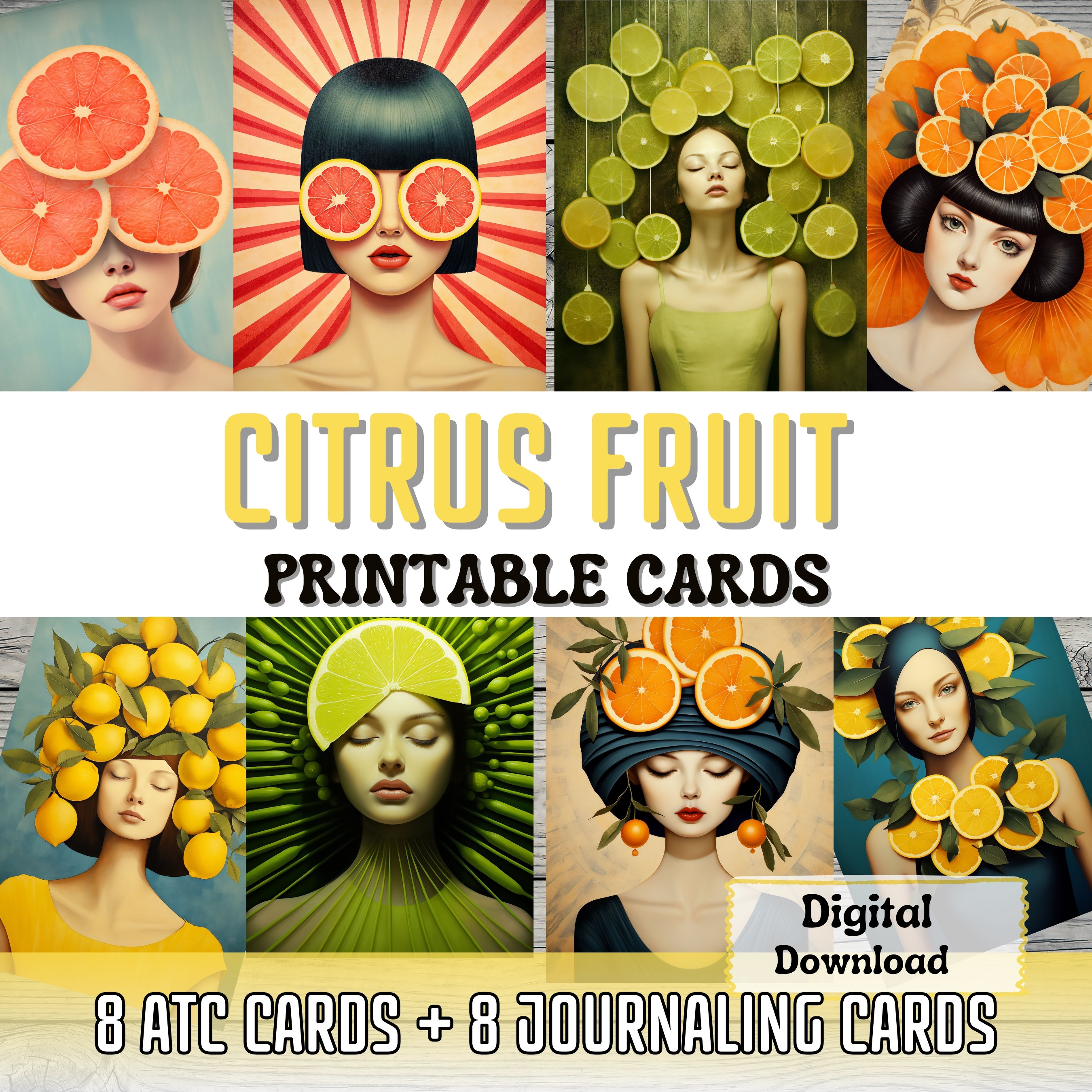 Citrus Fruit Printable Cards ATC Card Making Surreal Art Woman Portrait ...
