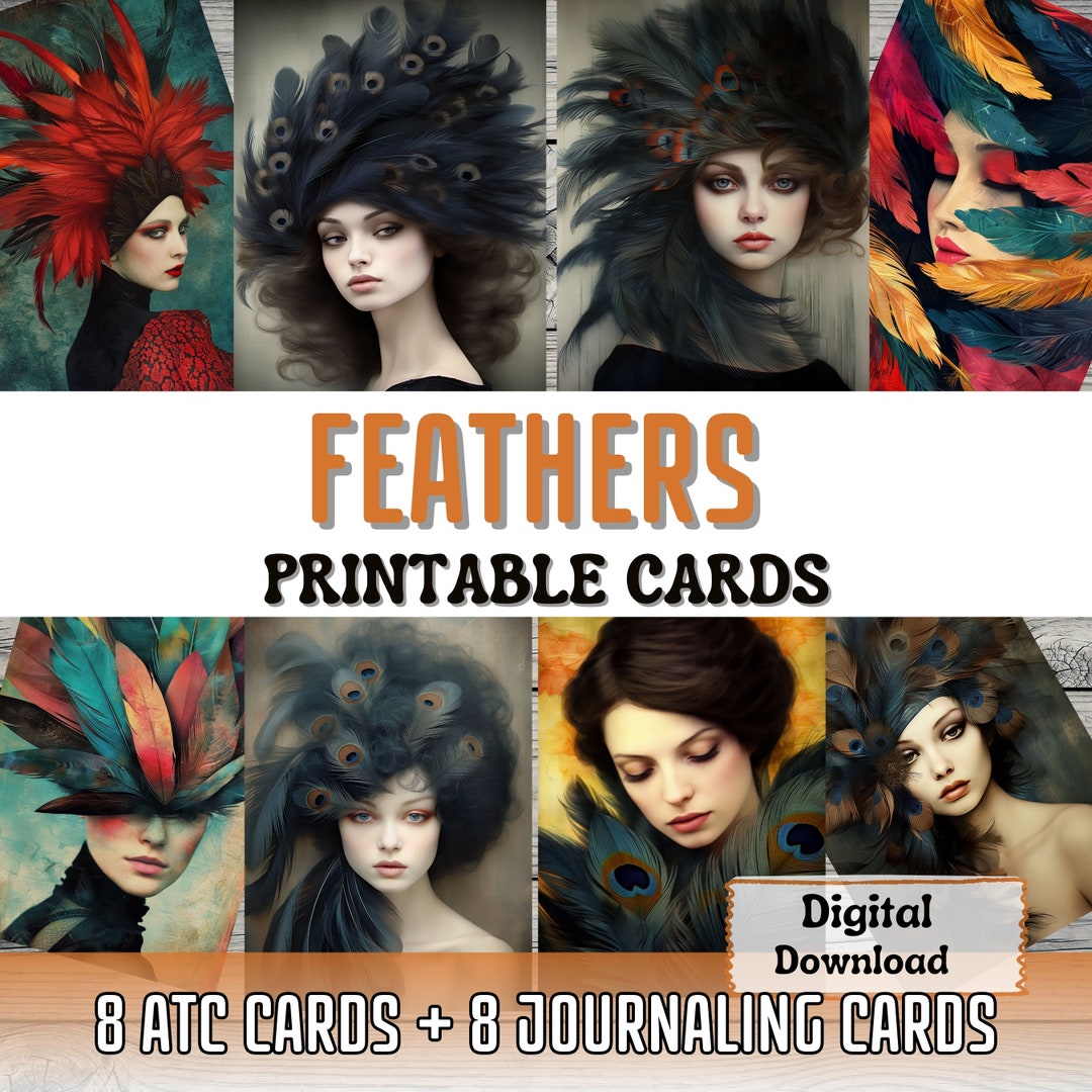 Feathers Printable Junk Journal Cards ATC Card Making Surreal Portrait ...