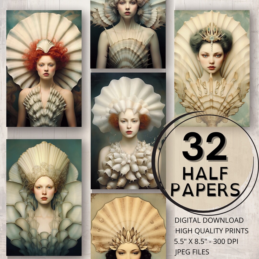 Sea Shells Journal Half Papers Printable Pages Surreal Art Woman ...