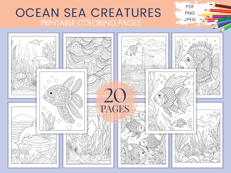Ocean Sea Creatures Coloring Pages, 20 Printable Ocean Themed Coloring ...