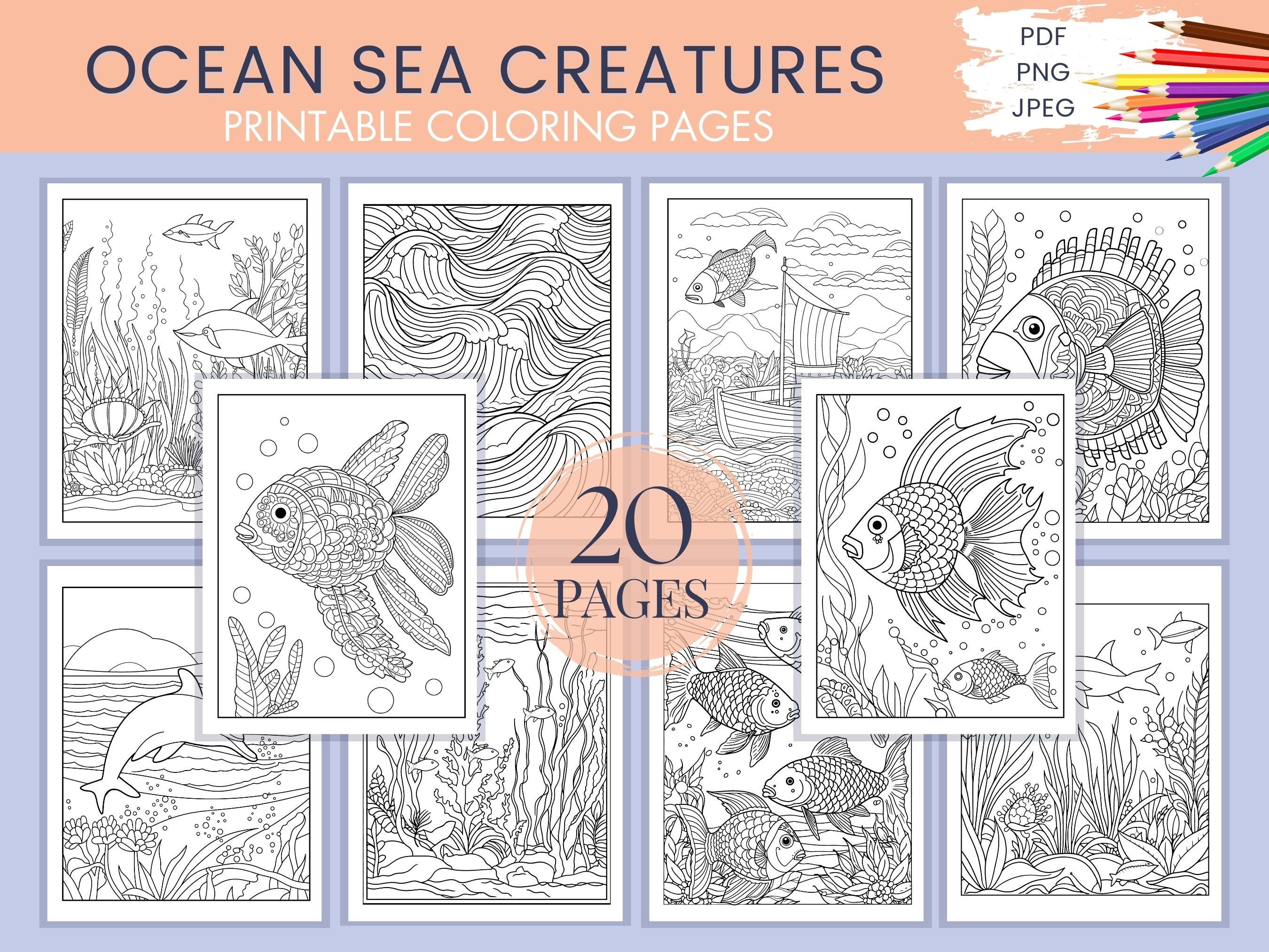 Ocean Sea Creatures Coloring Pages, 20 Printable Ocean Themed Coloring ...