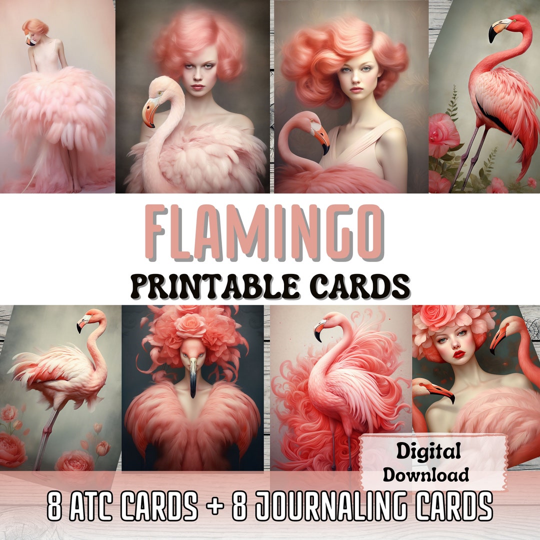 Flamingo Printable Junk Journal Cards ATC Card Making Surreal Woman Art ...