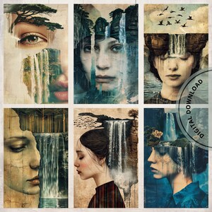 Waterfall Journal Half Papers Printable Pages Surreal Art Woman ...