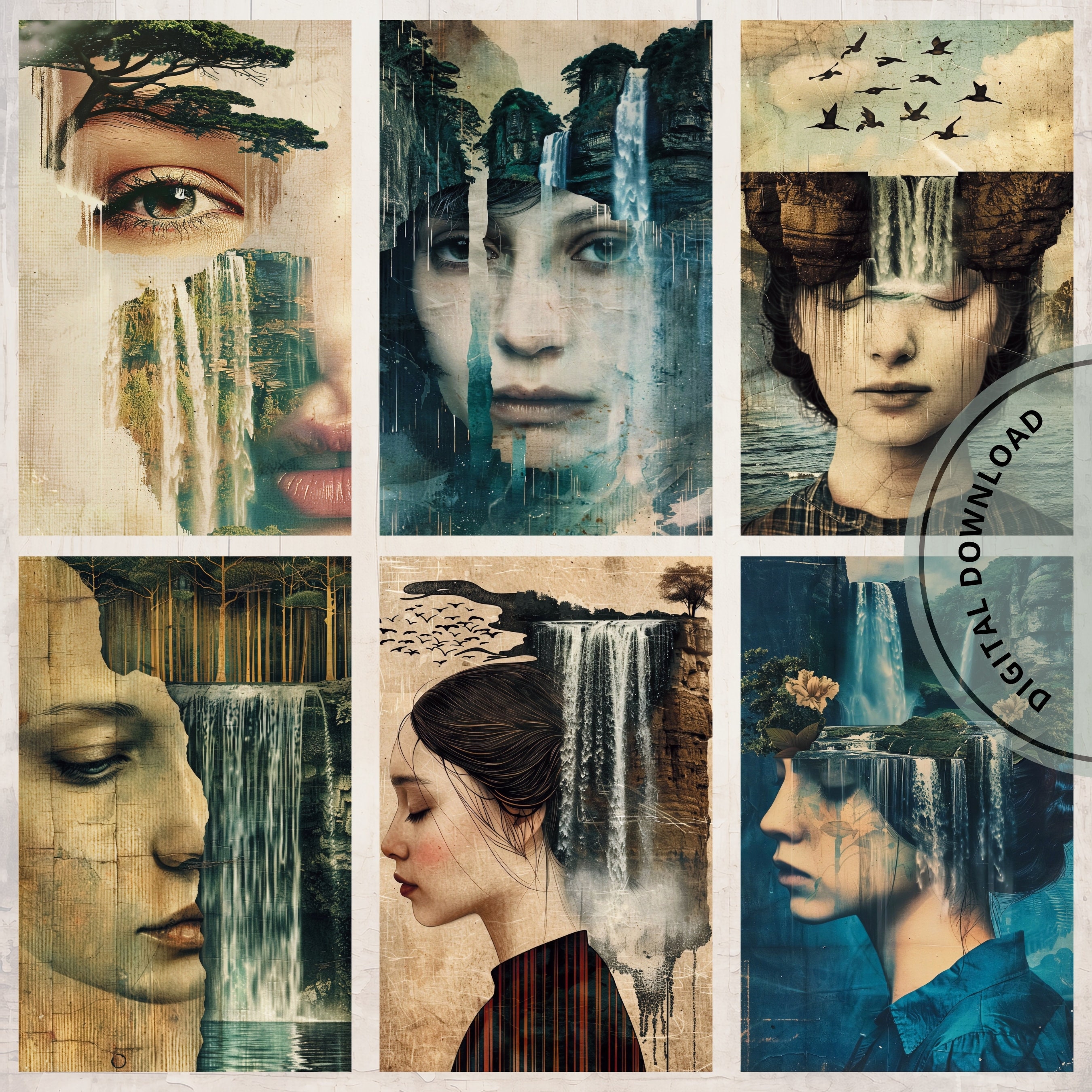 Waterfall Journal Half Papers Printable Pages Surreal Art Woman ...