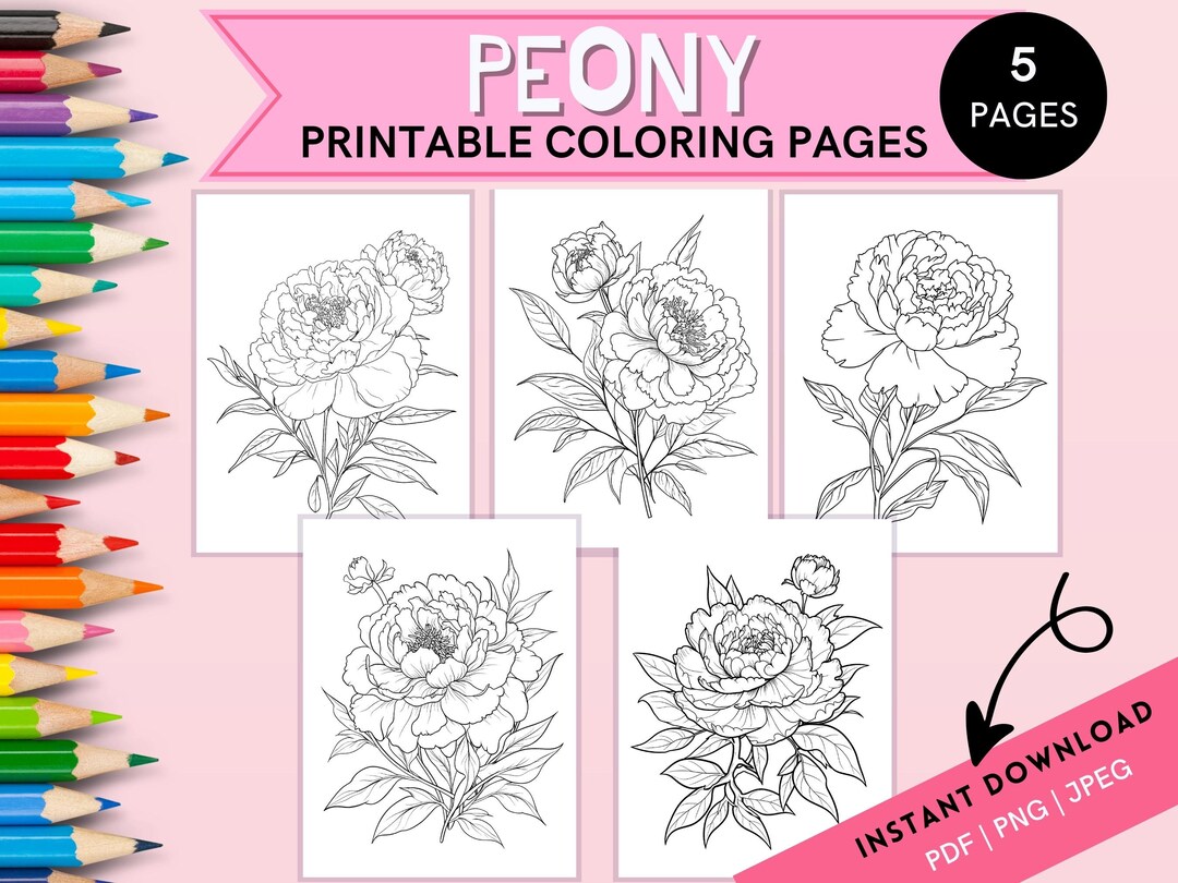 Peony Coloring Page, 5 Printable Pages, Flower Coloring Pages, Floral ...