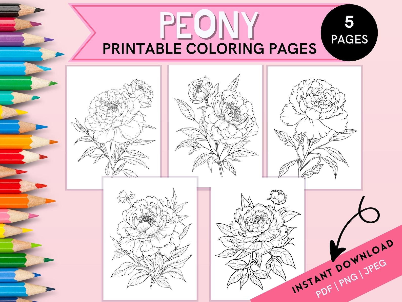 Peony Coloring Page, 5 Printable Pages, Flower Coloring Pages, Floral ...