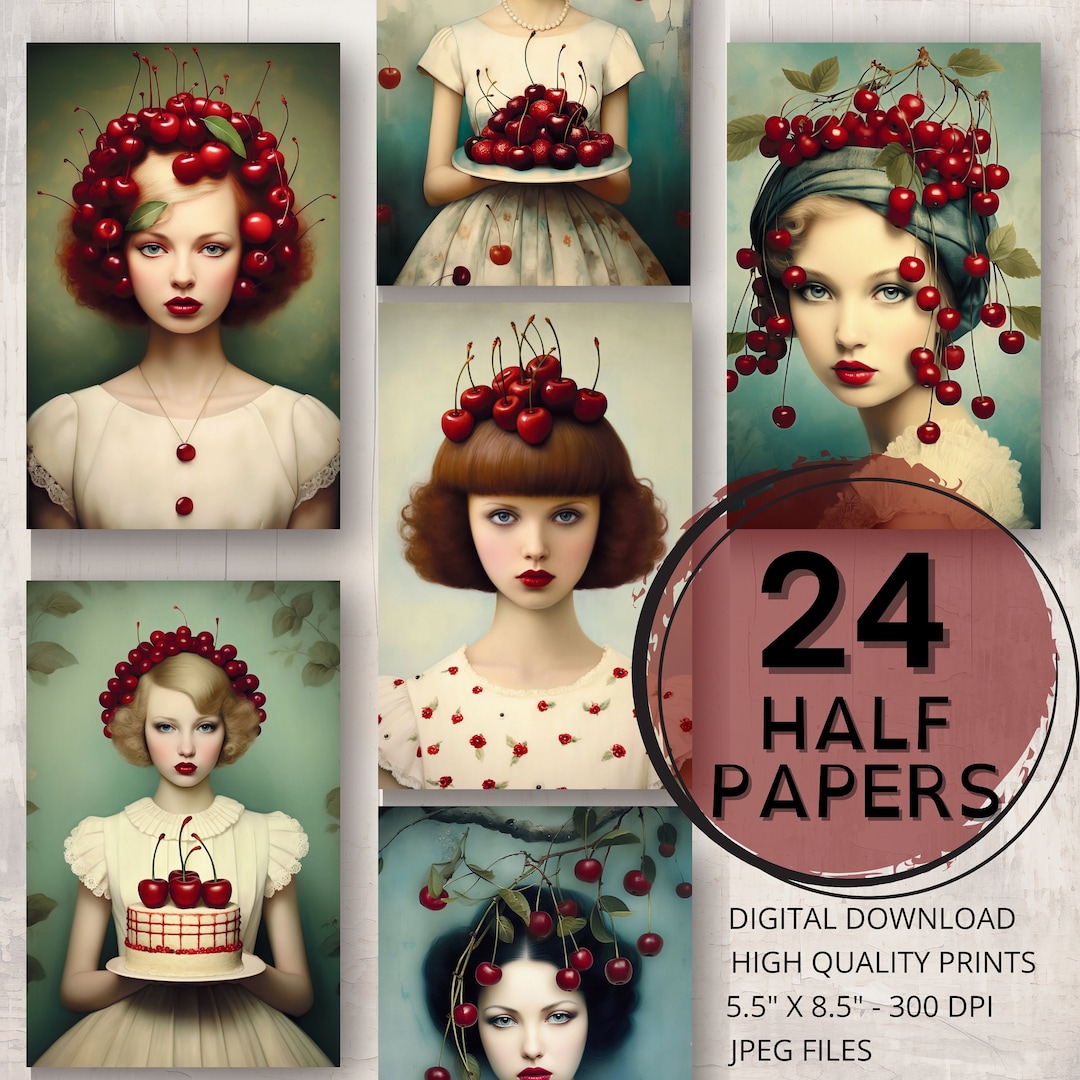 Cherry Journal Half Papers Printable Pages Surreal Art Woman Portrait ...