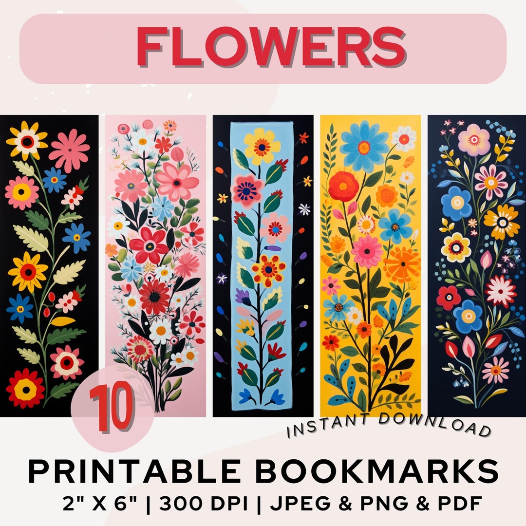 Flowers Bookmark Printable Bookmarks Folk Art Floral Artwork Bookmark ...