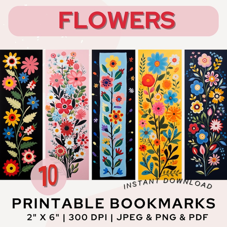 Flowers Bookmark Printable Bookmarks Folk Art Floral Artwork Bookmark ...