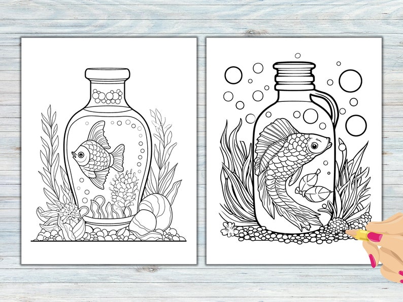 Fish in a Bottle Coloring Pages 5 Printable Sheets for - Etsy
