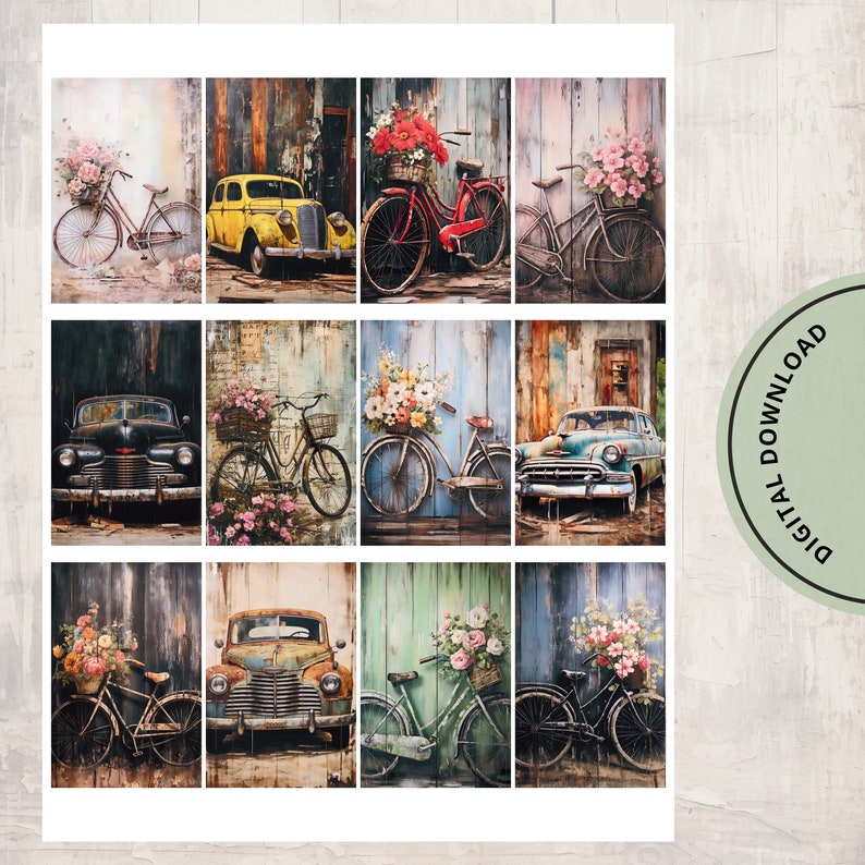 Old Bikes & Cars Half Papers Printable Pages Digital Ephemera ...