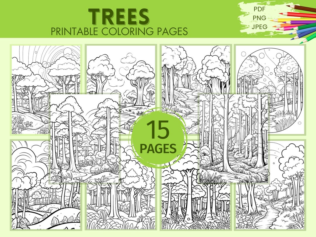 Tree Coloring Page, 15 Printable Coloring Pages, Forest Scenery Tree ...
