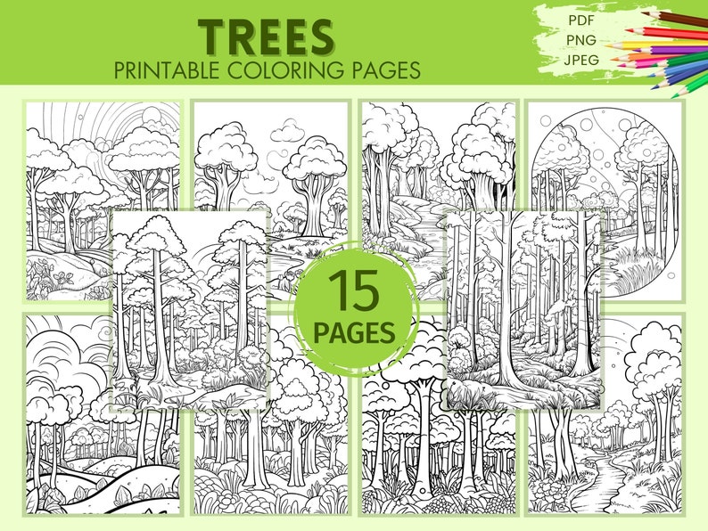 Tree Coloring Page, 15 Printable Coloring Pages, Forest Scenery Tree ...