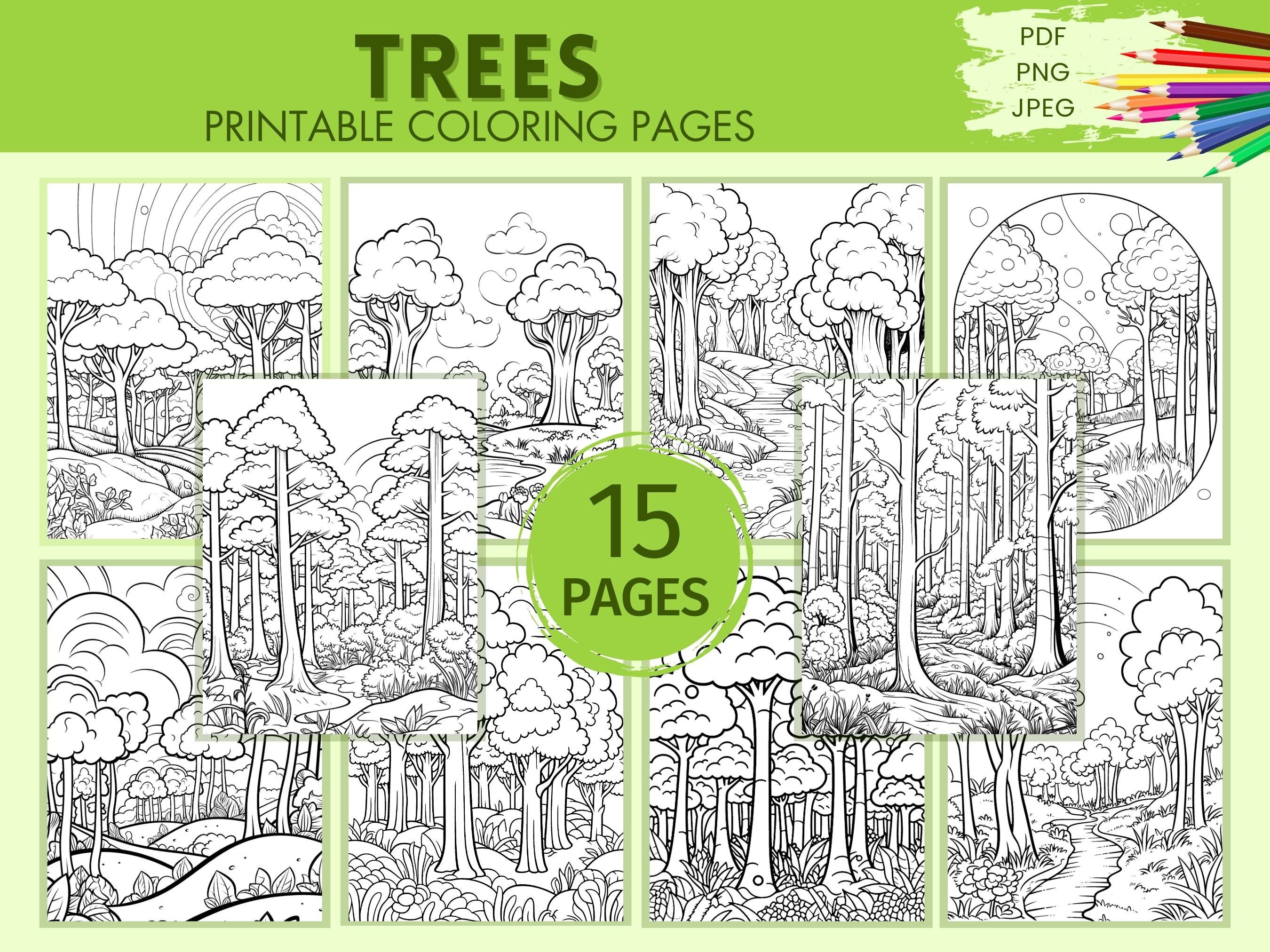 Tree Coloring Page, 15 Printable Coloring Pages, Forest Scenery Tree ...