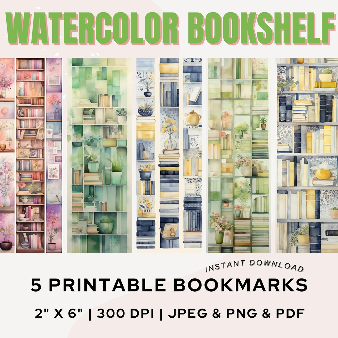Watercolor Bookshelf Bookmark Printable Bookmarks Book Digital Download ...