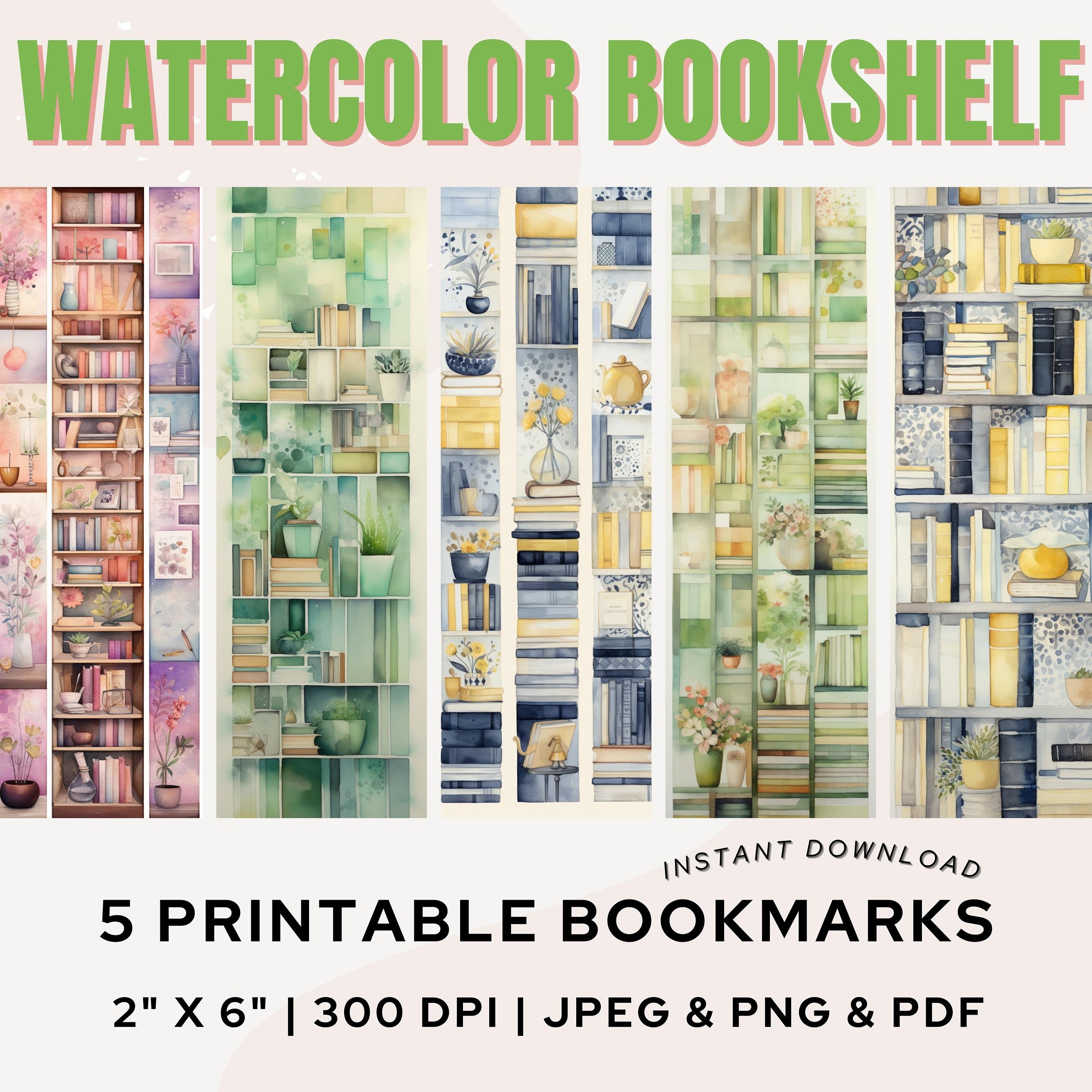 Watercolor Bookshelf Bookmark Printable Bookmarks Book Digital Download ...