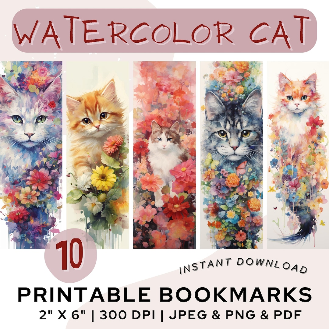 Watercolor Cat Bookmark Printable Bookmarks Cute Kitten Cat Bookmarks ...