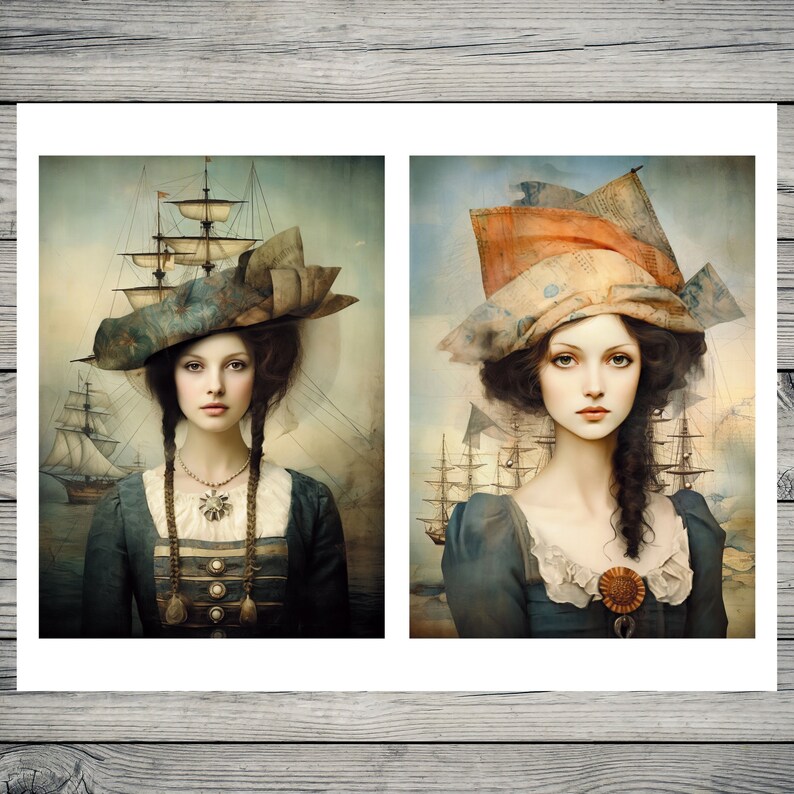 Pirate Printable Junk Journal Cards ATC Card Making Surreal Art Woman ...