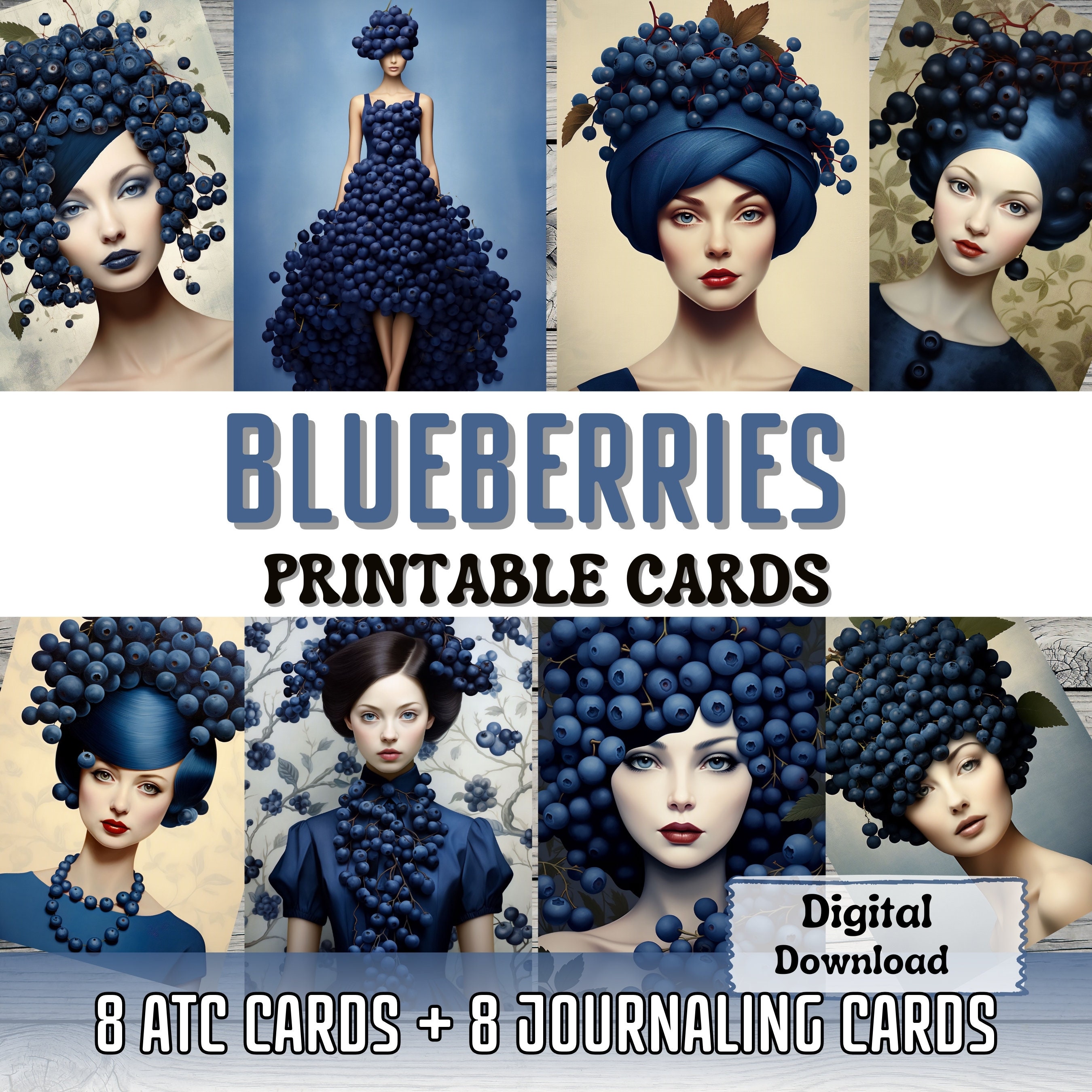Blueberries Printable Junk Journal Cards ATC Card Making Surreal Art ...