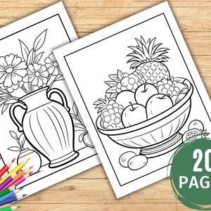 Still Life Coloring Pages - Bowl of Fruit & Flowers, 20 Printable Pages ...