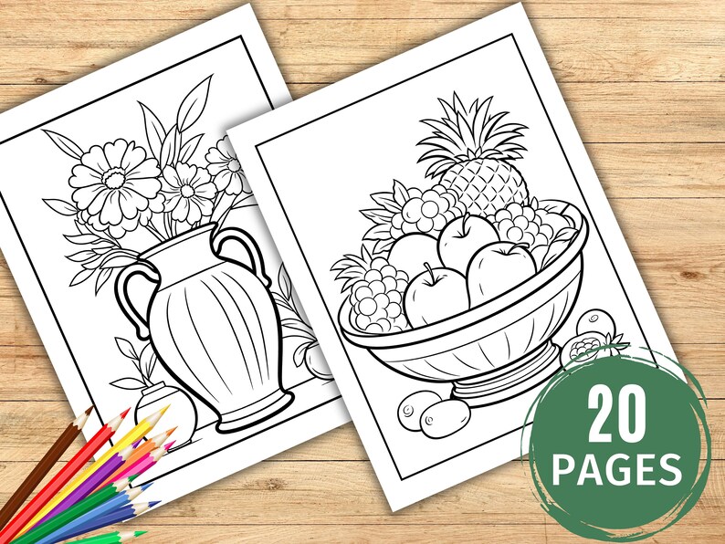 Still Life Coloring Pages Bowl of Fruit & Flowers, 20 Printable Pages ...