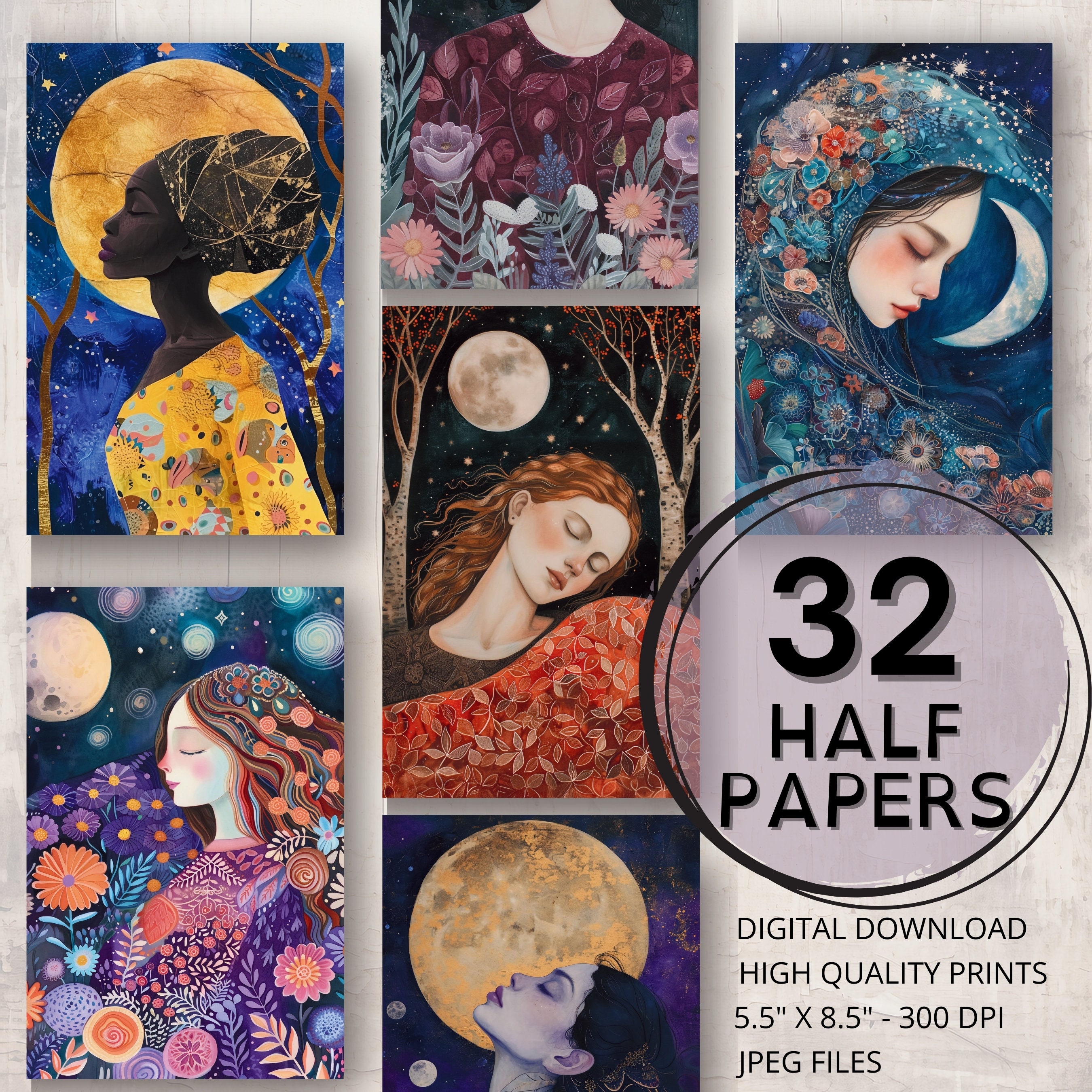 Moon & Girl Journal Half Papers Printable Pages Celestial Ephemera Moon ...
