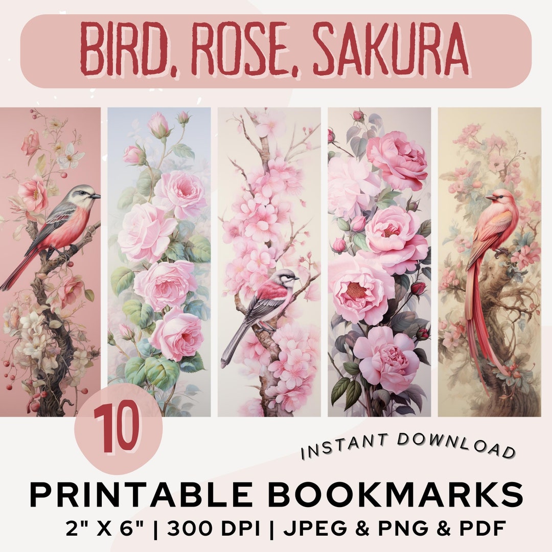 Bird Rose Cherry Blossom Bookmark Printable Bookmarks Sakura Pink ...