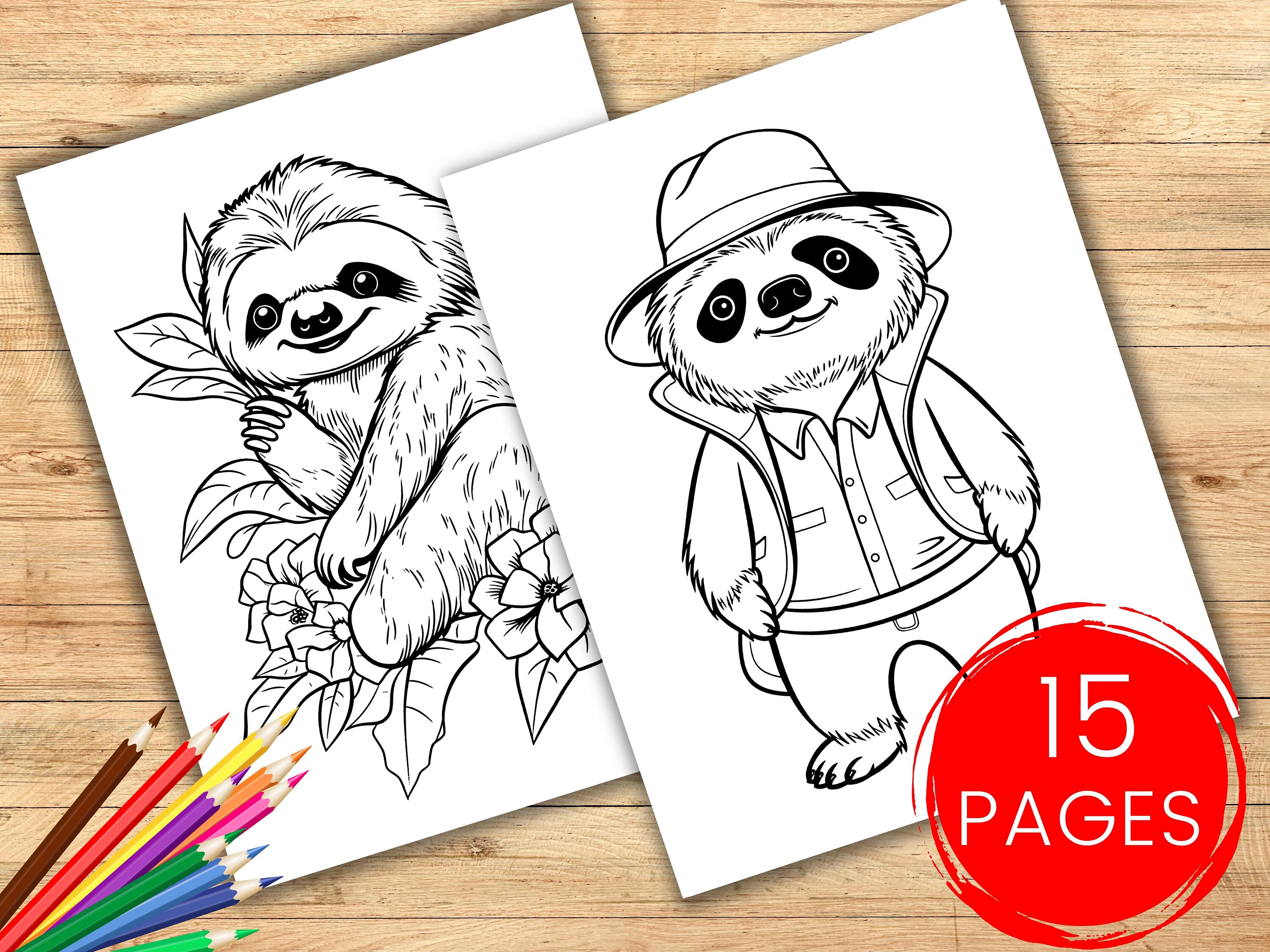 Cute Sloth Coloring Pages, 15 Printable Pages for Kids & Adults, Sloth ...