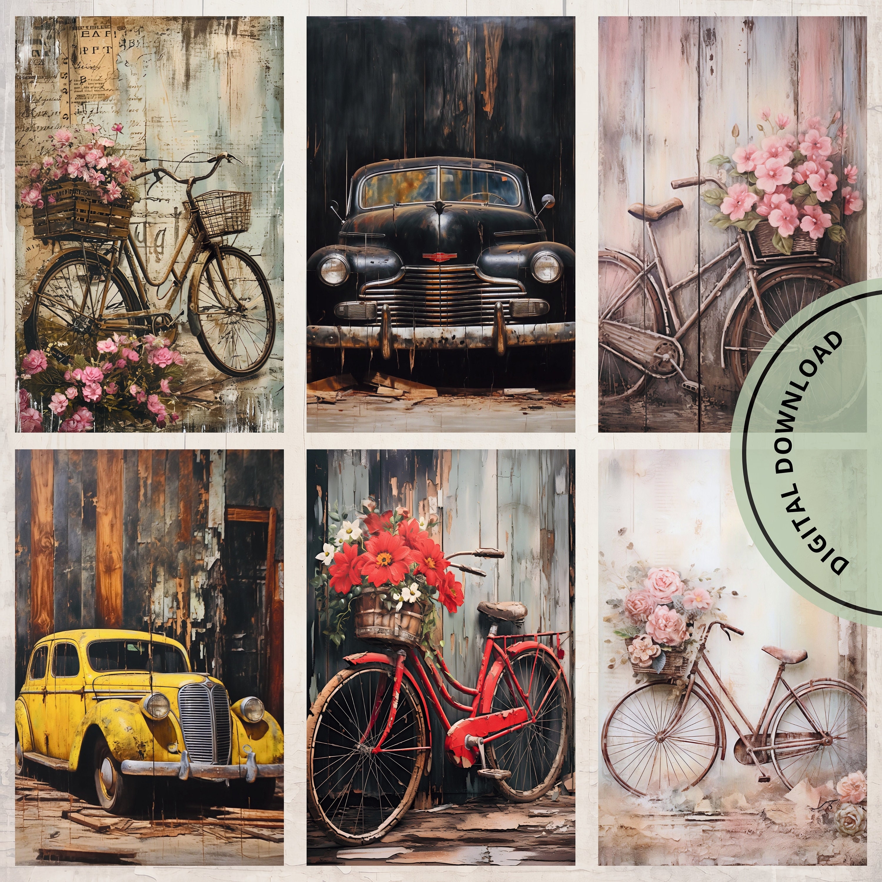Old Bikes & Cars Half Papers Printable Pages Digital Ephemera ...